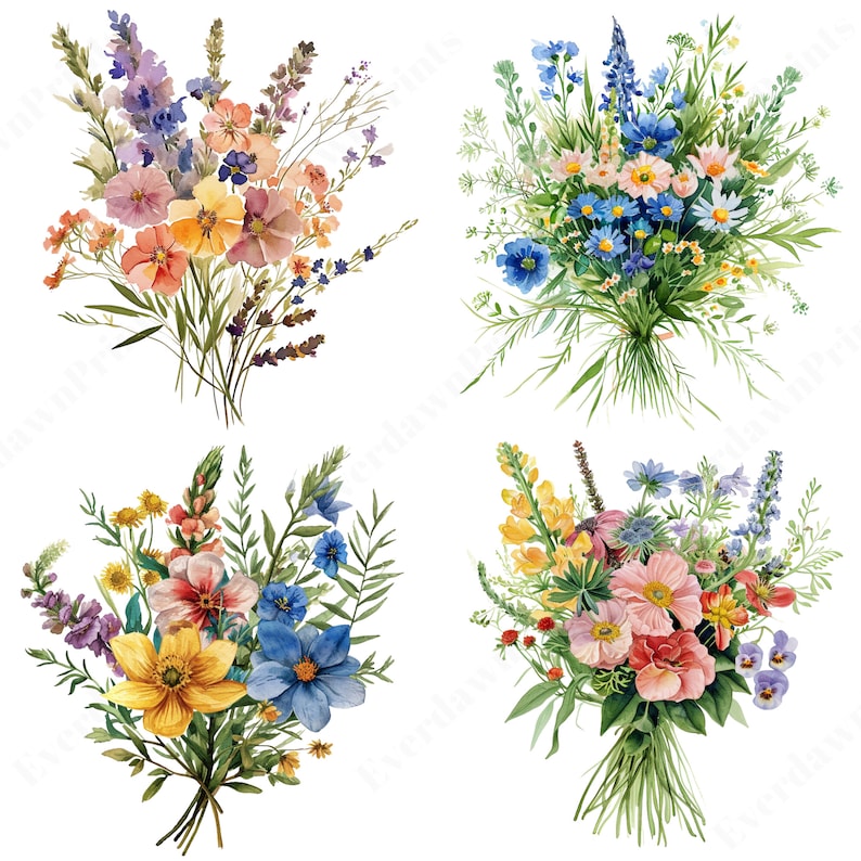 24 Watercolor Floral Bouquet Digital Print, Spring Flowers Wall Art ...