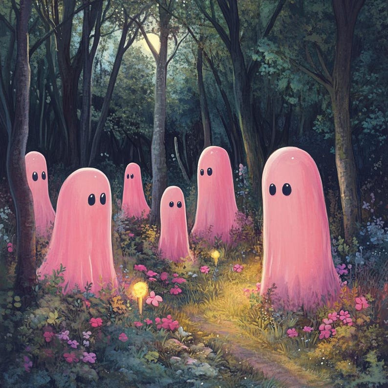 24 Cute Ghosts in Enchanted Forest Clipart, Whimsical Spooky Art for ...
