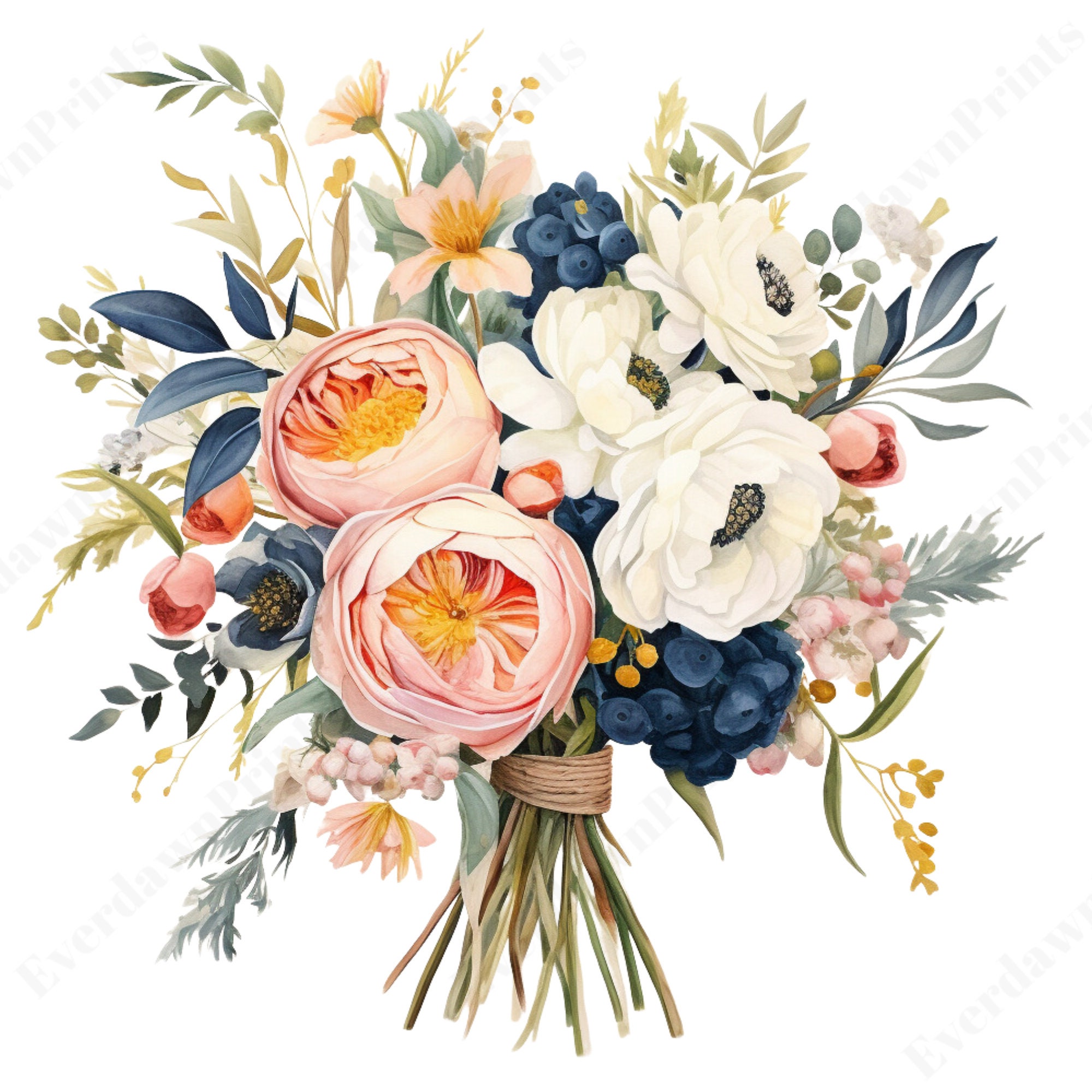20 Romantic Wedding Bouquet Clipart, Floral Clipart, Watercolor Flowers ...