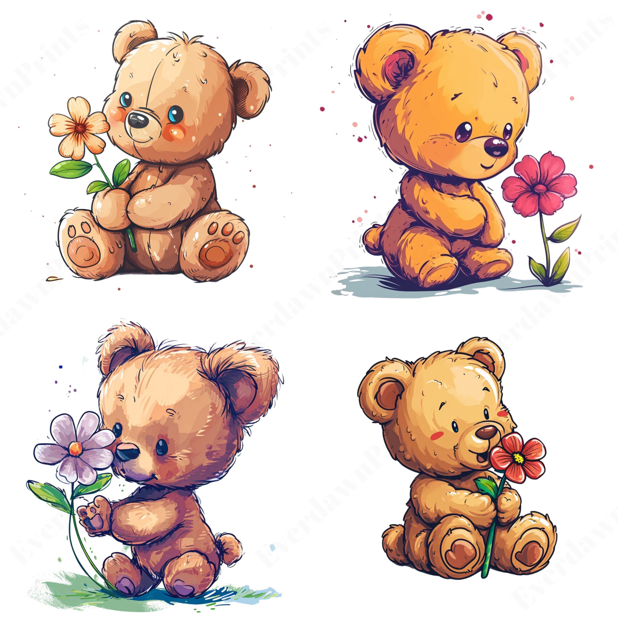 24 Cute Teddy Bear Watercolor Clipart, Kawaii Teddy Bear, Transparent ...