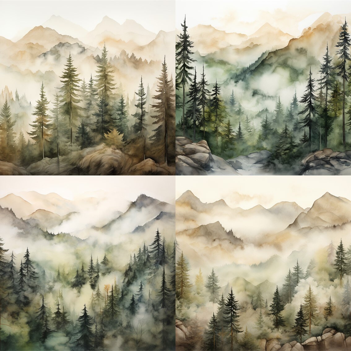 36 Misty Mountain Forest Landscape, Watercolor Forest Background, High ...