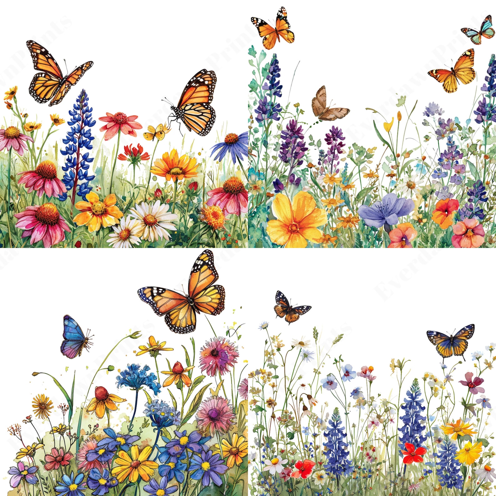 16 Watercolor Butterfly Garden Clipart, Floral Nature Artwork, Vibrant ...