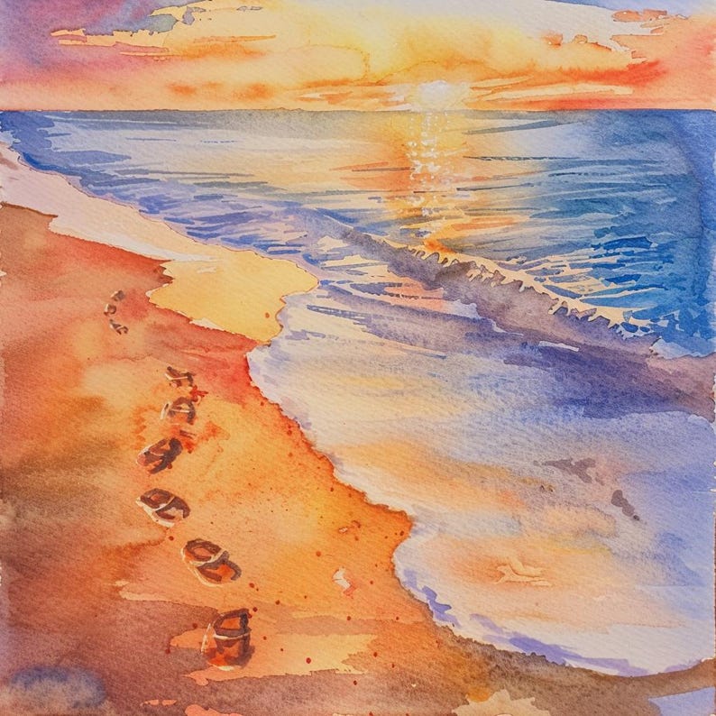 24 Sunset Beach Clipart, Watercolor Beach Artwork, Coastal Wall Art ...