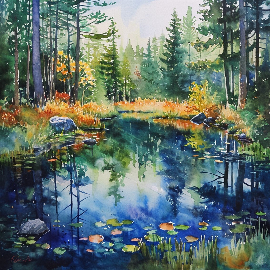 24 Pond in a Forest Watercolor Clipart, Watercolor Forest Background ...
