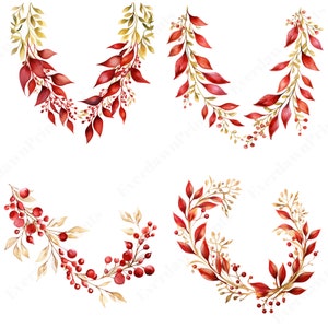 28 Watercolor Red and Gold Garland, Transparent, Christmas Clipart ...
