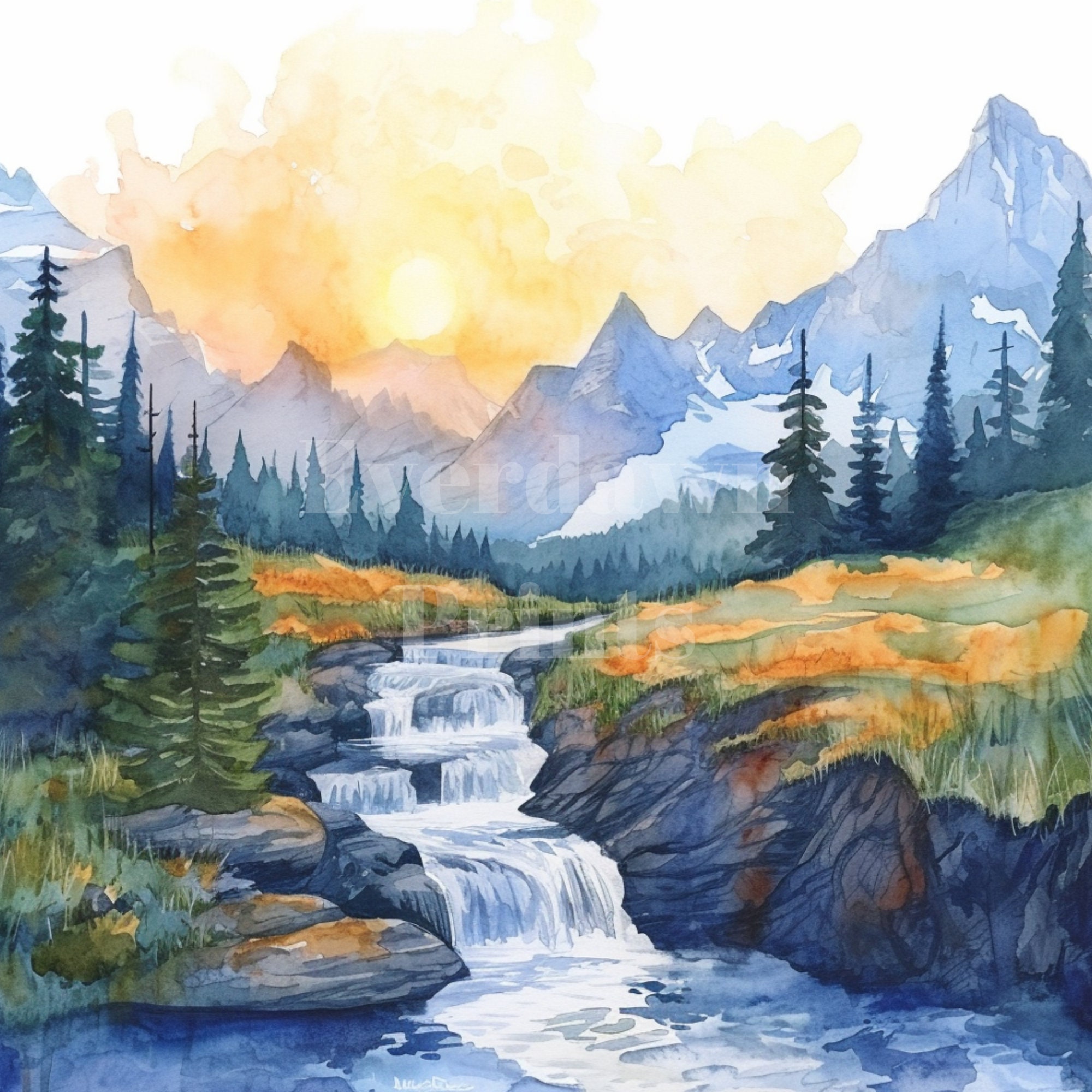 24 Trees Near River and Mountains Watercolor Clipart Foggy Forest ...