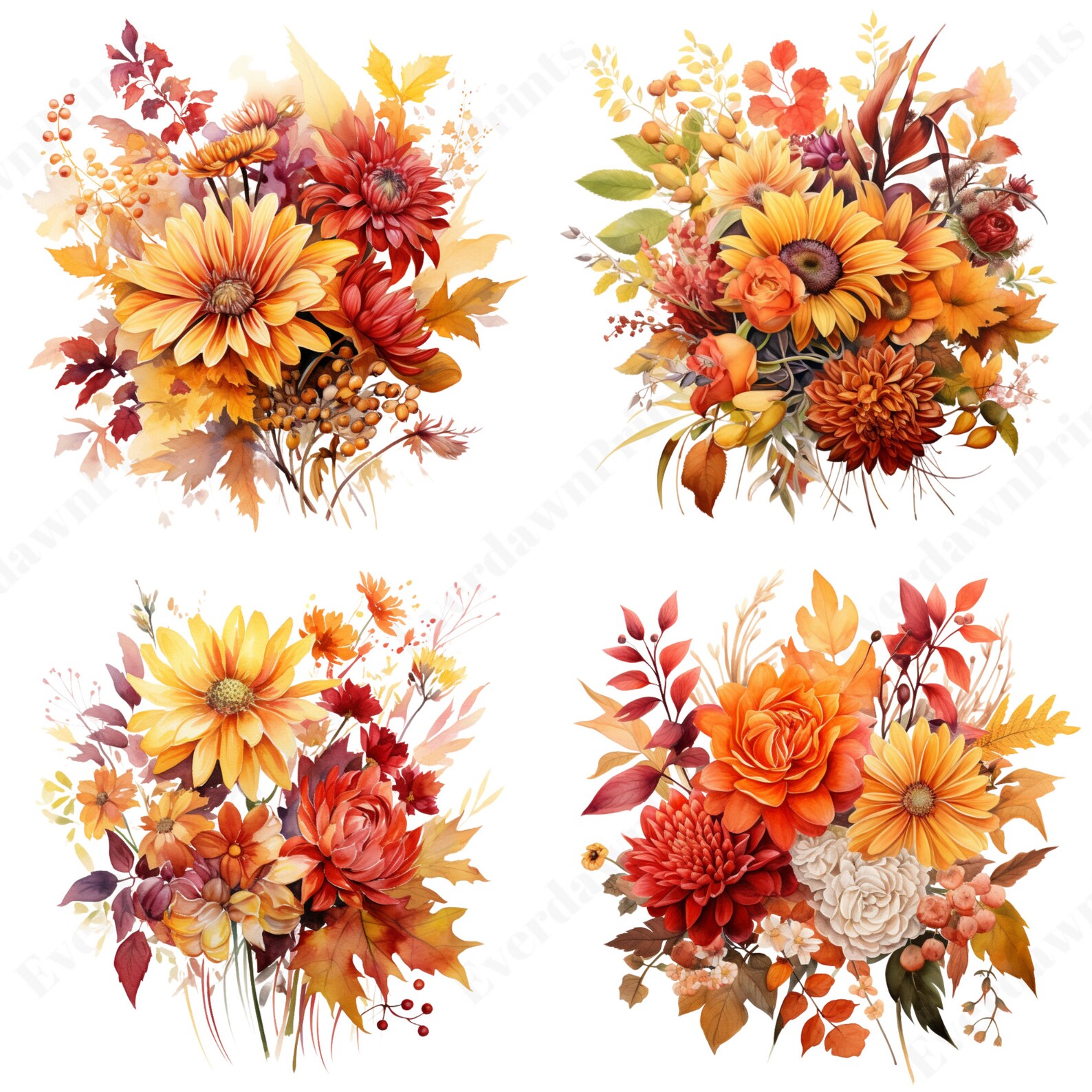 32 Watercolor Flower, Transparent Autumn Flowers, Boho Flower PNG, Fall ...