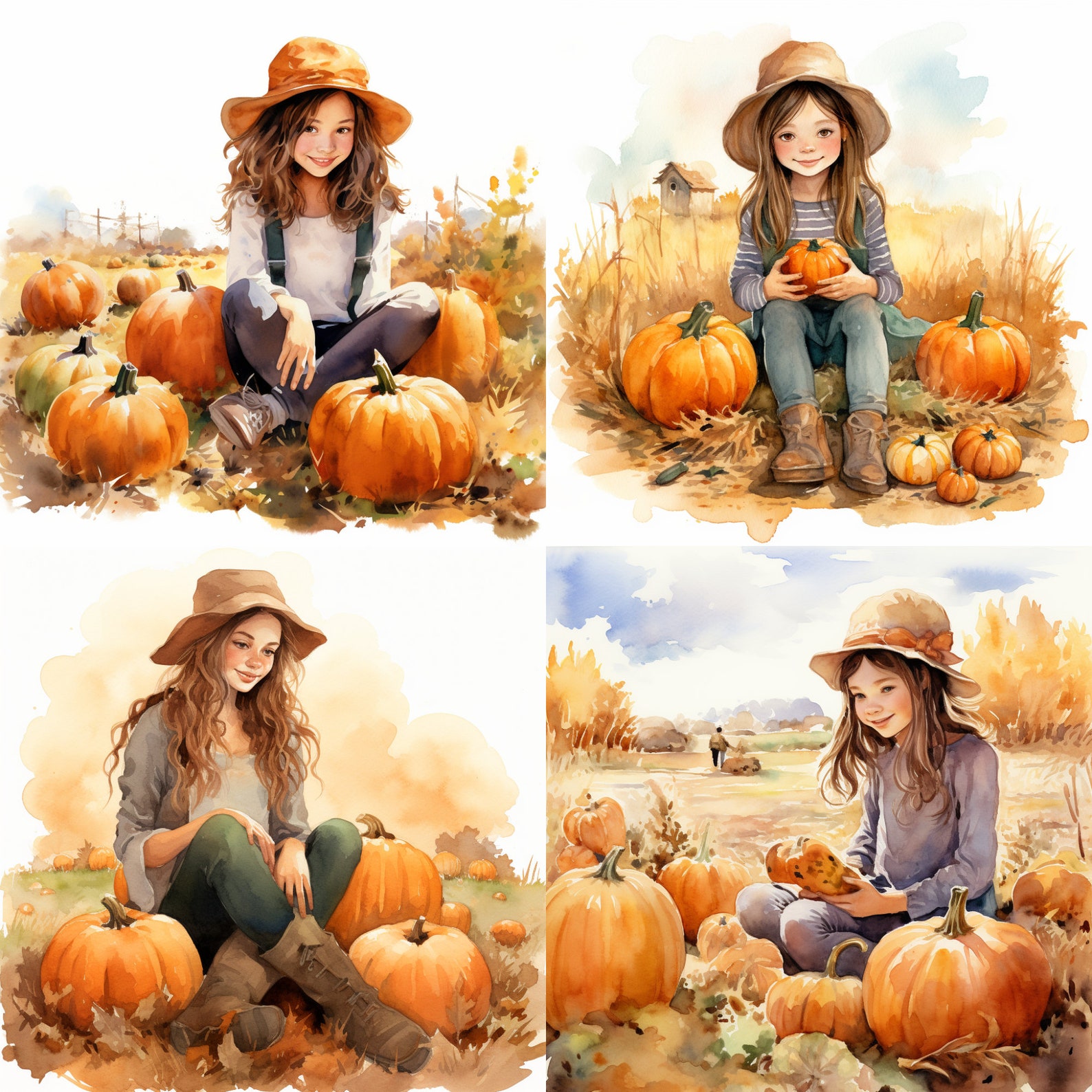 19 Watercolor Pumpkin Patch Girl Clipart, Clipart, PNG, Autumn Girl ...