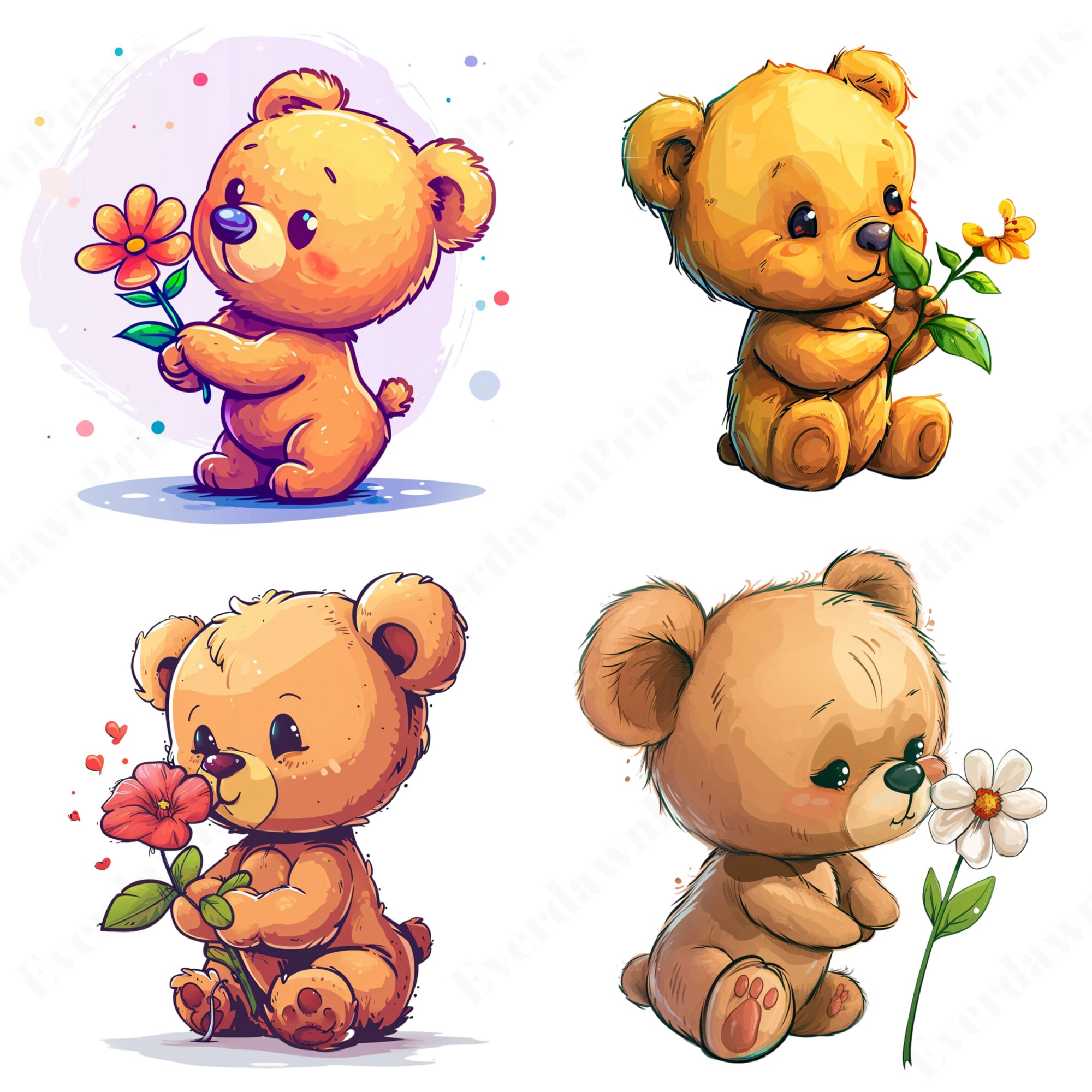 24 Cute Teddy Bear Watercolor Clipart, Kawaii Teddy Bear, Transparent ...