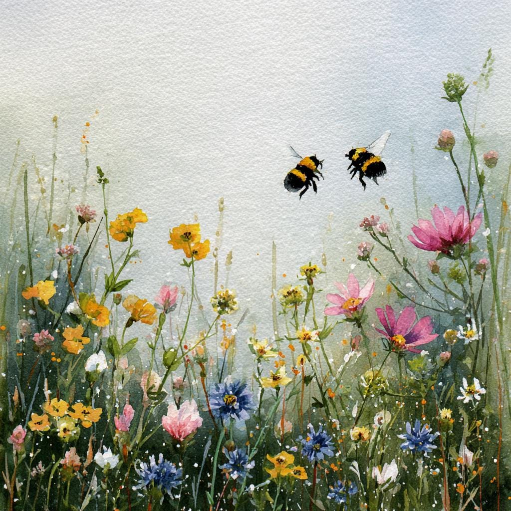 24 Bees and Flowers Clipart, Watercolor Meadow Clipart, Floral Graphics ...