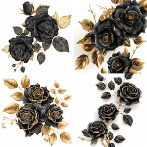 24 Black and Gold Rose Clipart, Floral Design Clipart, Digital Flower ...