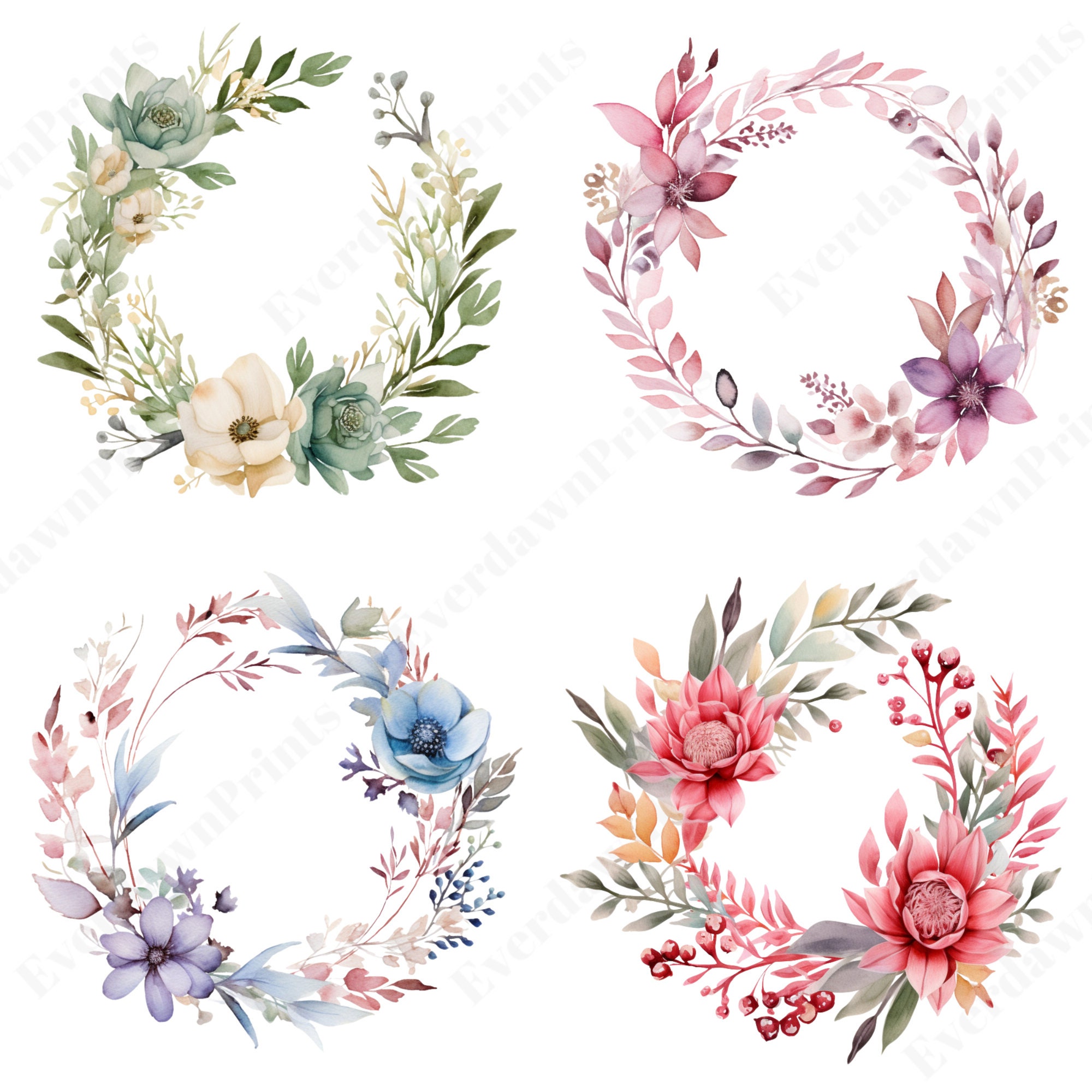 34 Flower Wreath Clipart, Flowers Arrangements, Watercolor Rustic ...