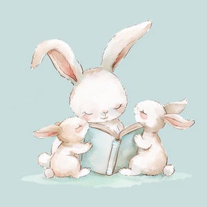 24 Cute Bunny Family Reading Book Clipart, Watercolor Rabbit ...