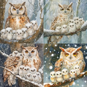 24 Owl and Baby Owls Clipart, Watercolor Owl Family Illustration ...