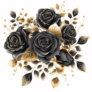 24 Black and Gold Rose Clipart, Floral Design Clipart, Digital Flower ...