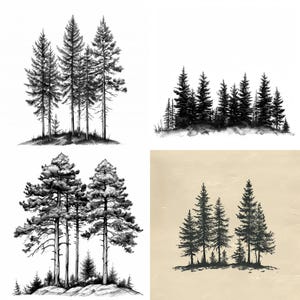 24 Pine Tree Forest Clipart, Watercolor Trees Digital Art, Black and ...