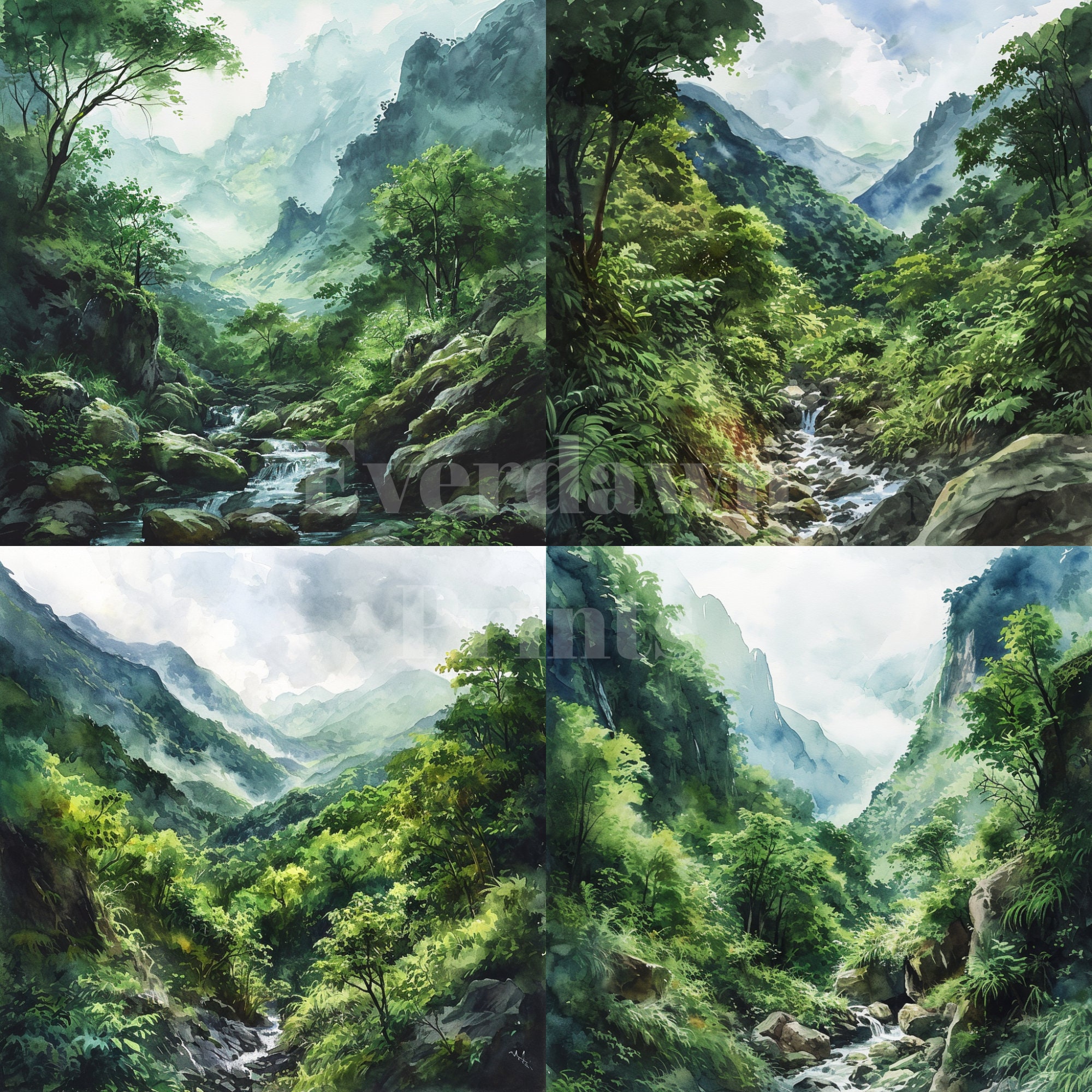 24 Forest With Distant Mountains Watercolor Clipart - Foggy Forest ...