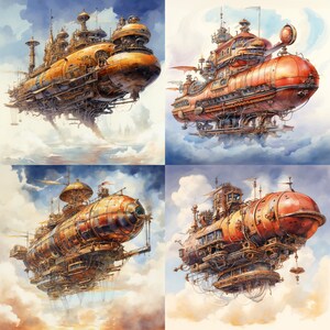 26 Watercolor Steampunk Airship Clipart, Steampunk Style, Instant ...