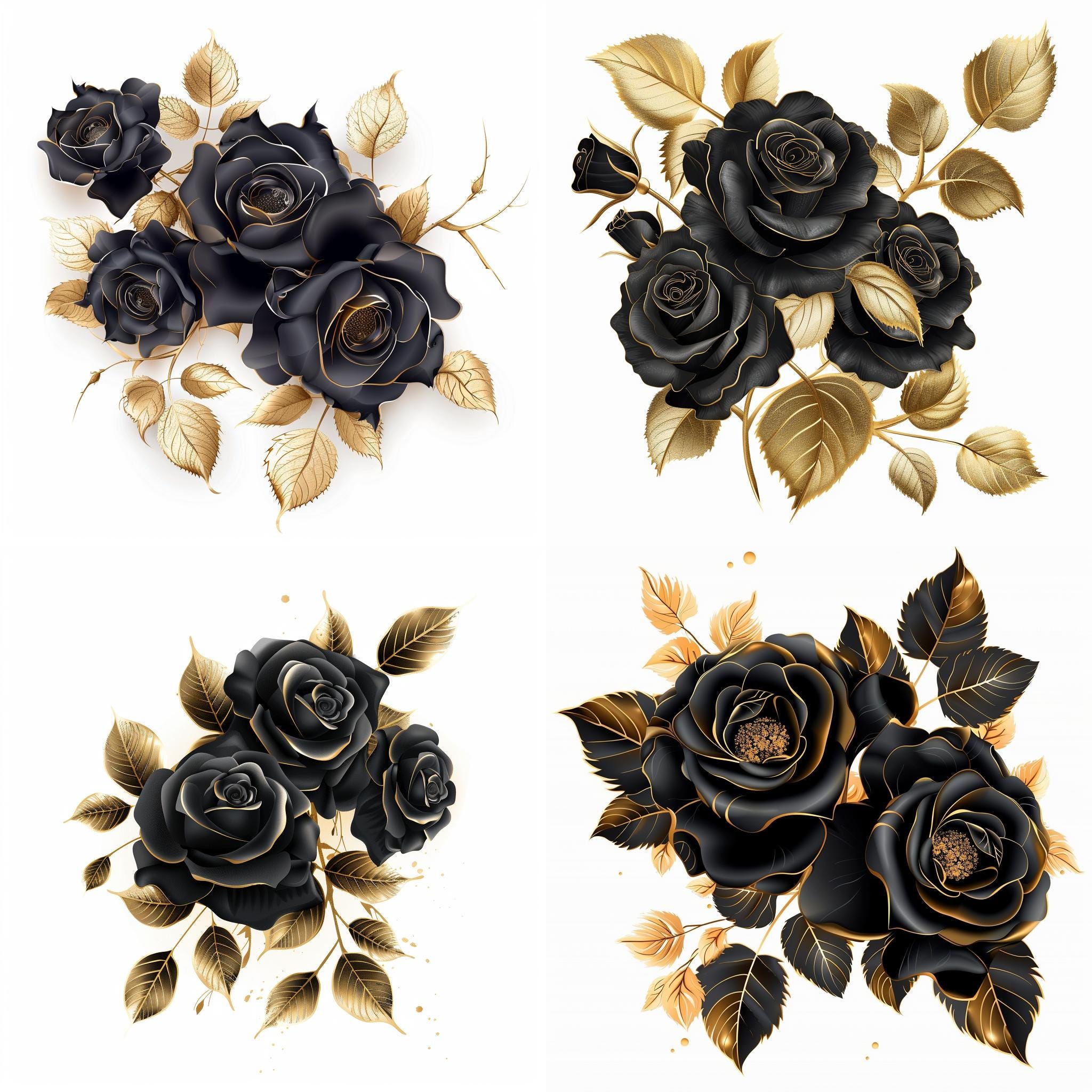 24 Black and Gold Rose Clipart, Floral Design Clipart, Digital Flower ...