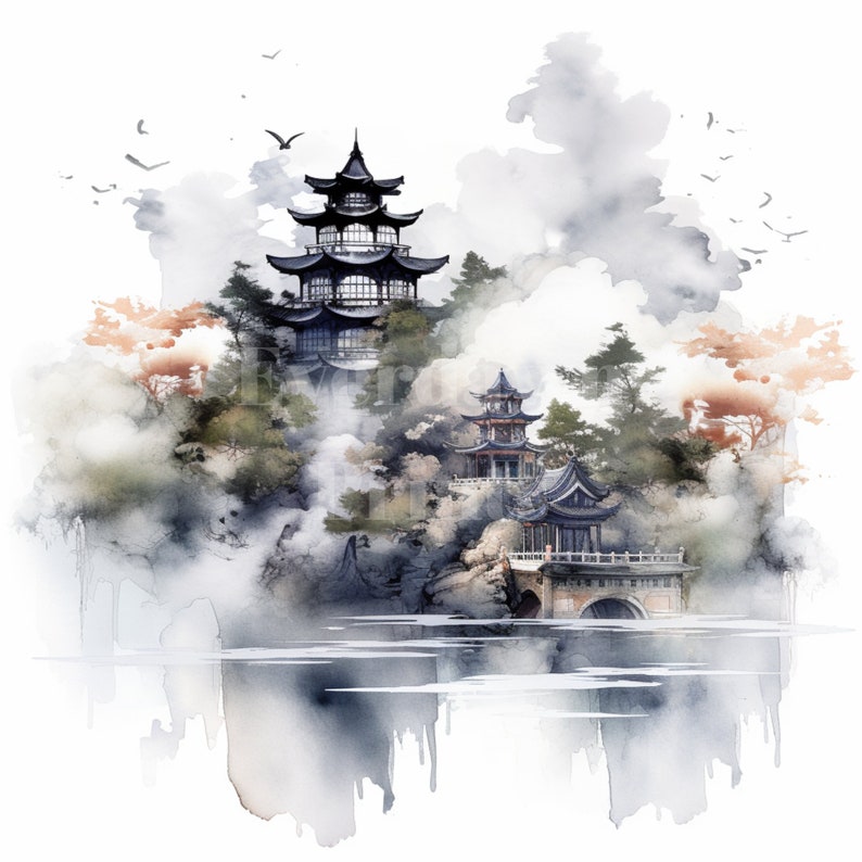 24 Watercolor Chinese_temple_clipart, Watercolor Mountain Clipart ...
