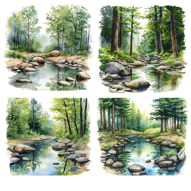 24 Forest Stream Watercolor Clipart, Watercolor Forest Background, High ...