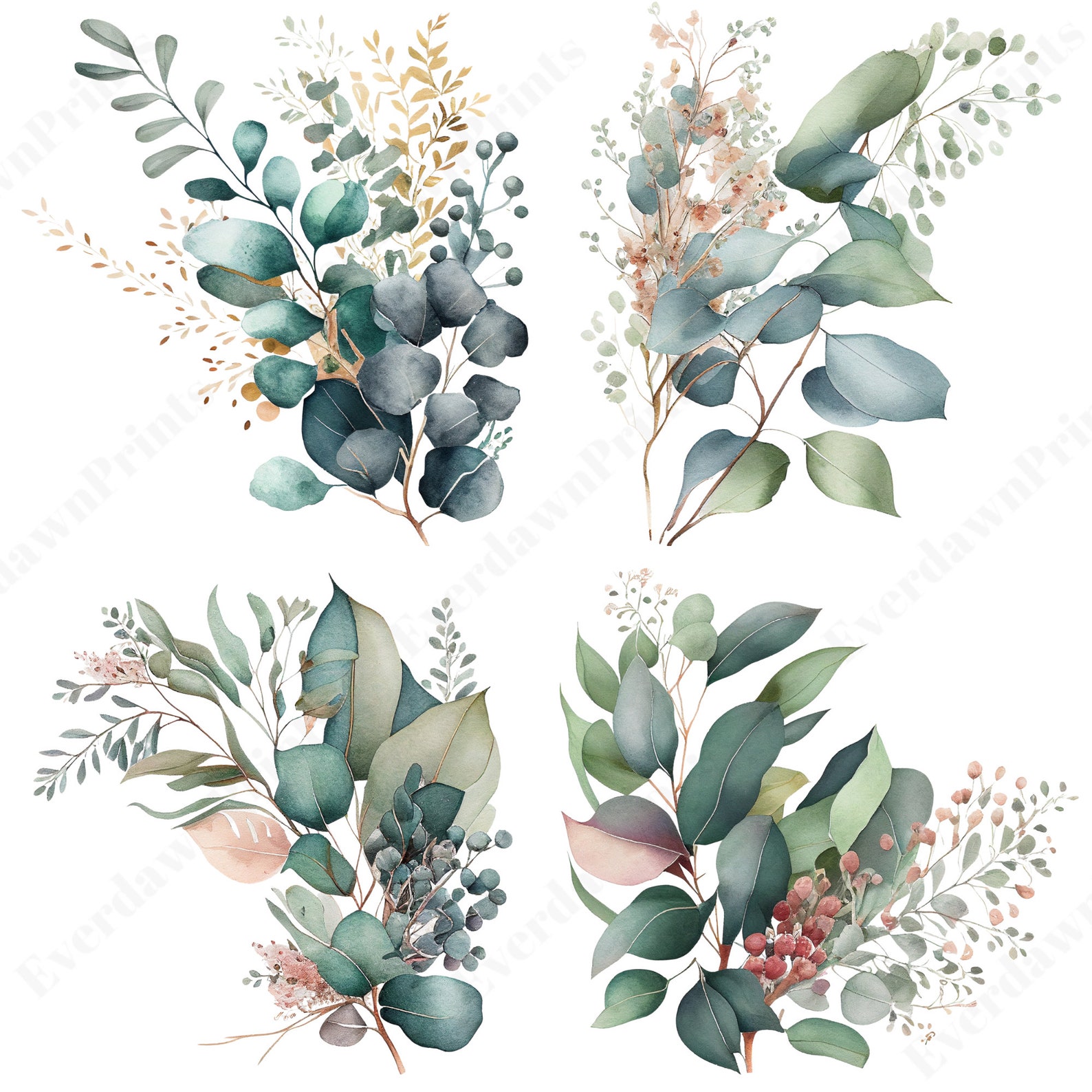 30 Watercolor Greenery Eucalyptus Clipart, Eucalyptus Bouquet, Greenery ...