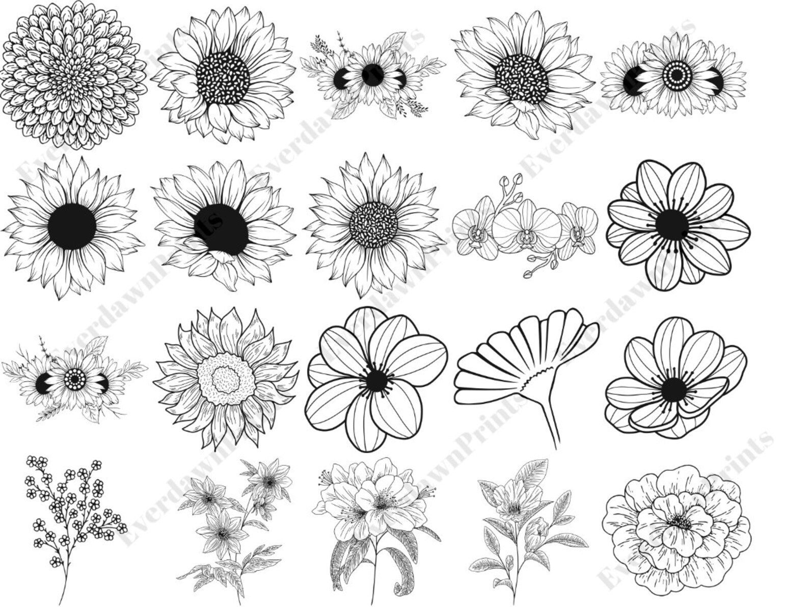 101 Flower SVG, Hand Drawn SVG, Flower Svg, Black and White, Flower ...