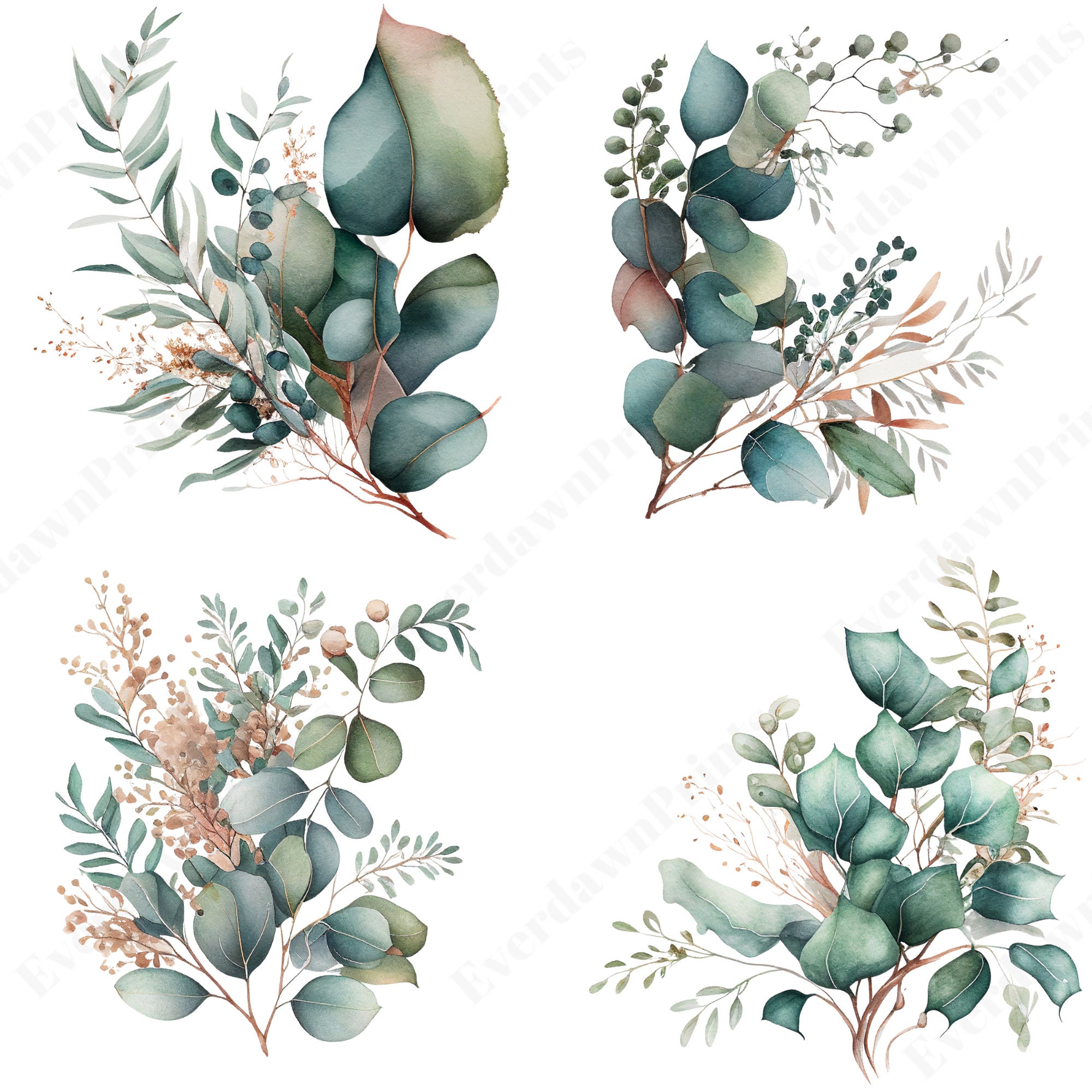 30 Watercolor Greenery Eucalyptus Clipart, Eucalyptus Bouquet, Greenery ...