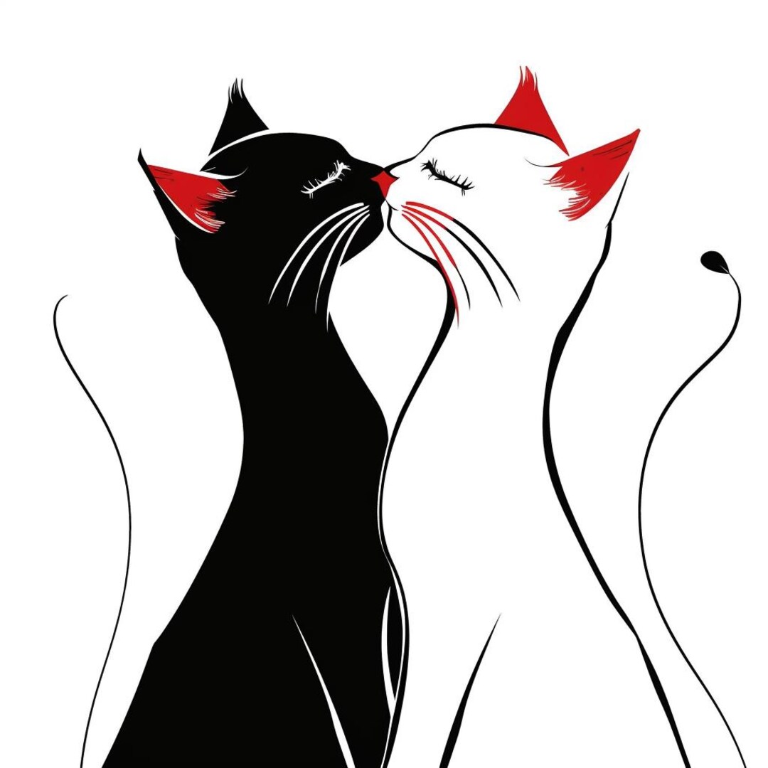 20 Cute Cat Couple Clipart, Romantic Cat Illustration, Black and Red ...