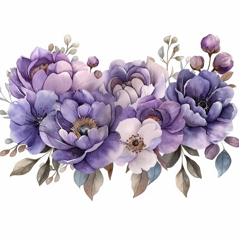 24 Purple Floral Clipart, Watercolor Flowers, Digital Download, Flower ...