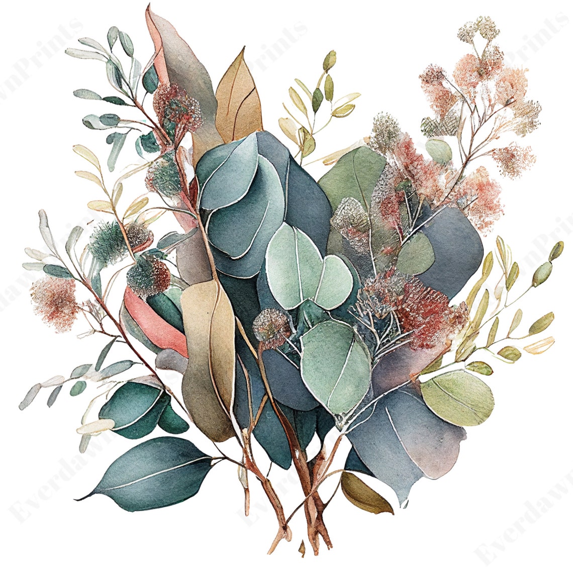 30 Watercolor Greenery Eucalyptus Clipart, Eucalyptus Bouquet, Greenery ...
