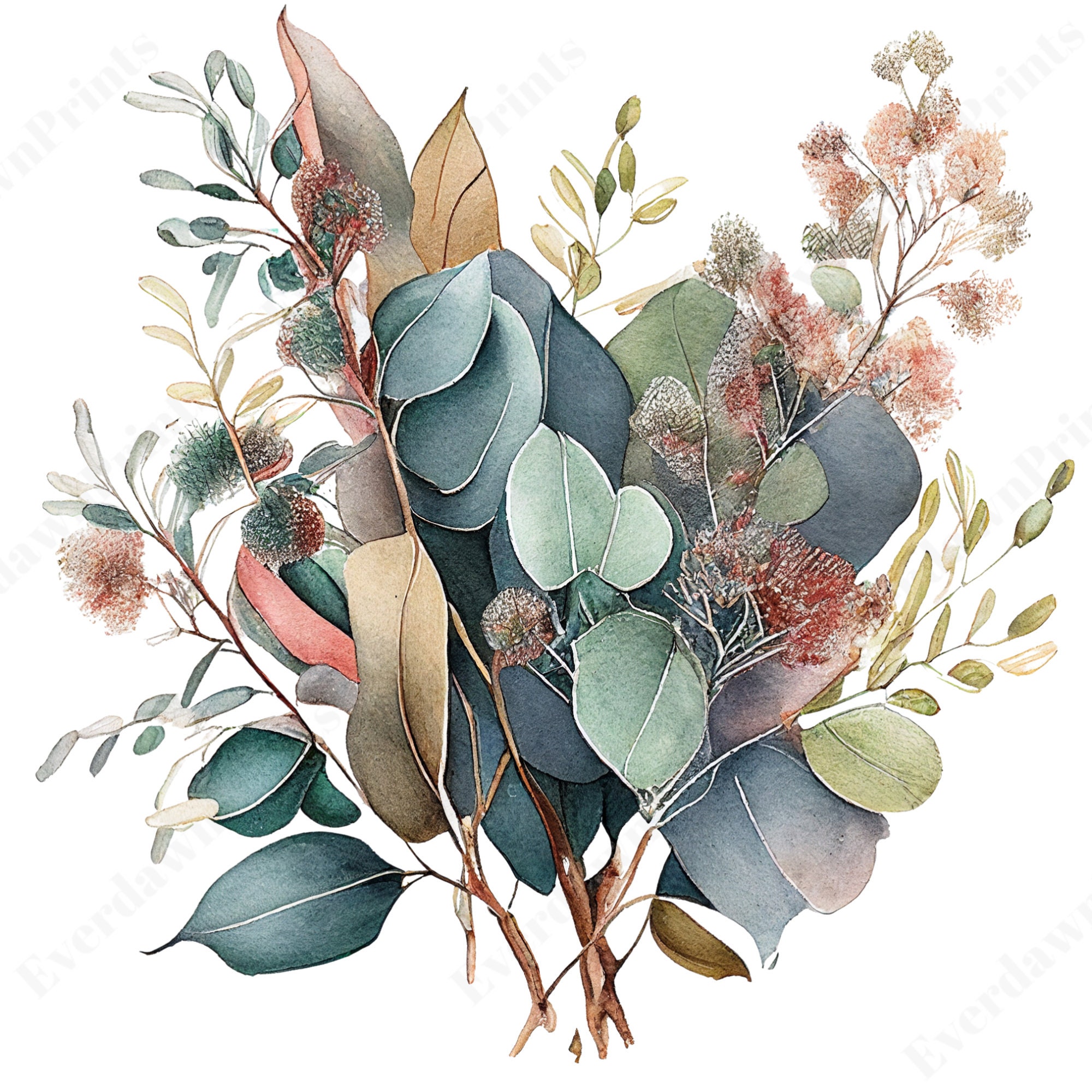 30 Watercolor Greenery Eucalyptus Clipart, Eucalyptus Bouquet, Greenery ...