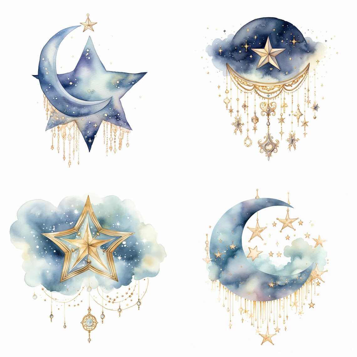 24 Celestial Moon Star Clipart, Watercolor Moon and Stars PNG, Astral ...