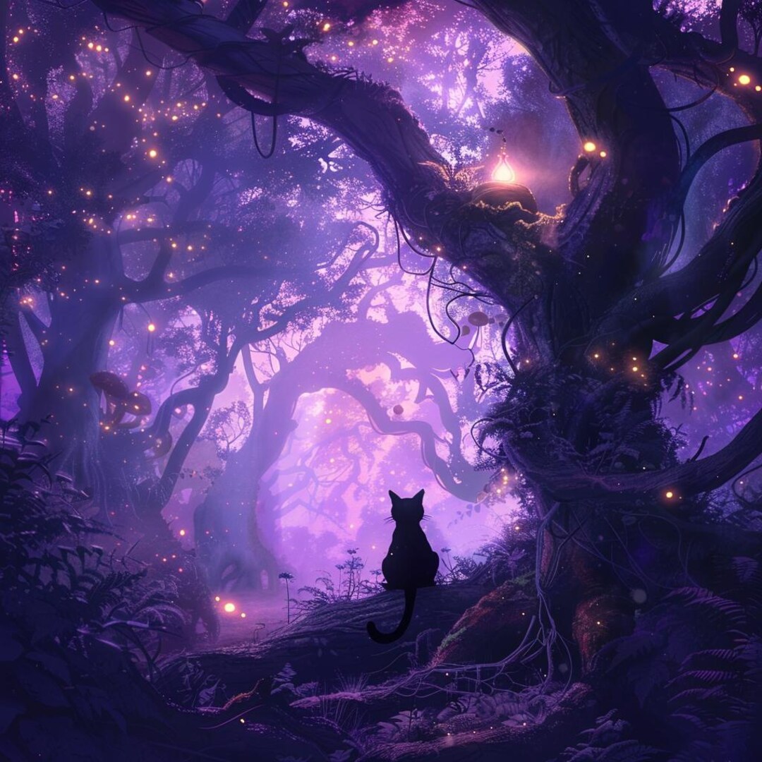 18 Enchanted Forest Cat Clipart, Mystical Night Scene Illustration ...