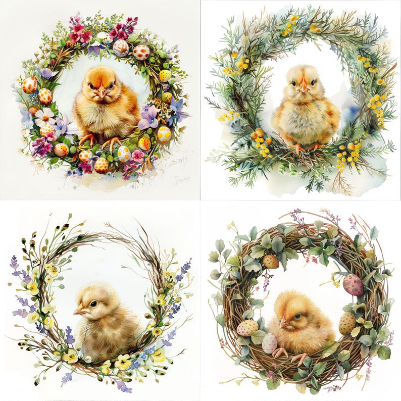 24 Chick Clipart, Floral Wreath Clipart, Watercolor Chick, Spring ...