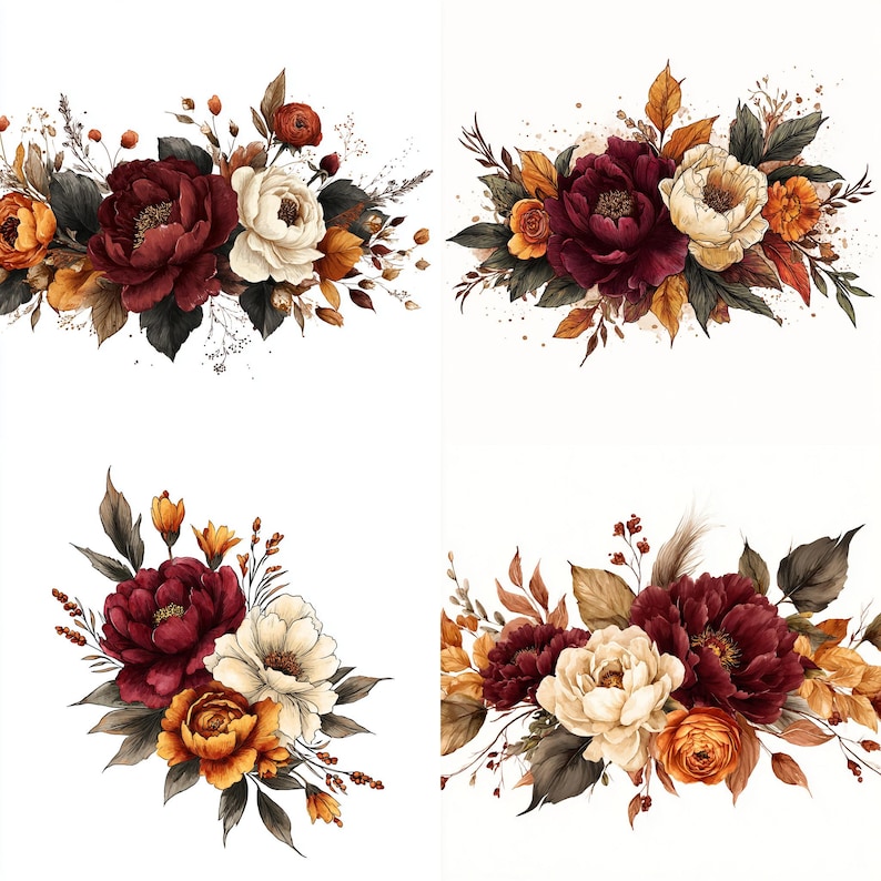 24 Floral Clipart, Burgundy Peony, Watercolor Flowers, Fall Bouquet ...