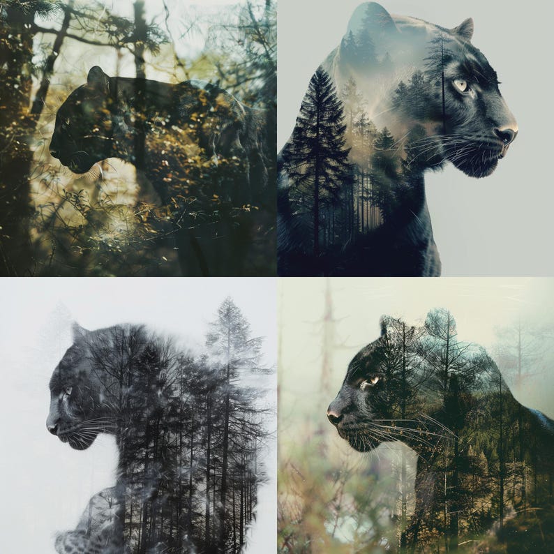 24 Black Panther Clipart, Double Exposure Animal Art, Forest Silhouette ...