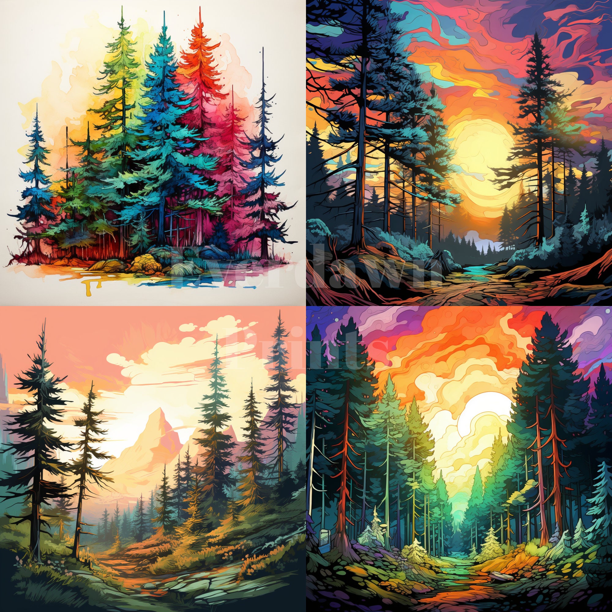 32 Colorful Pine Trees Watercolor Clipart Watercolor Forest Background ...