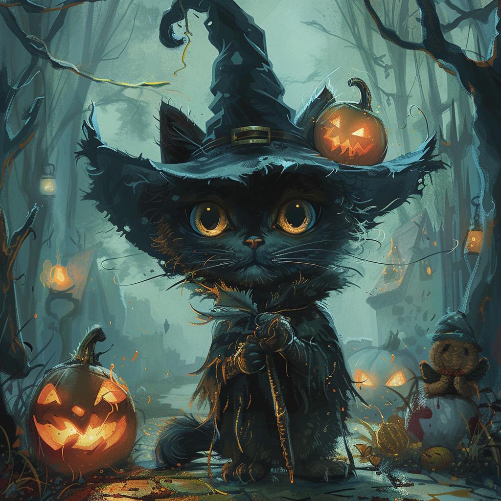 24 Halloween Black Cat With Witch Hat Clipart, Spooky Autumn Pumpkin ...