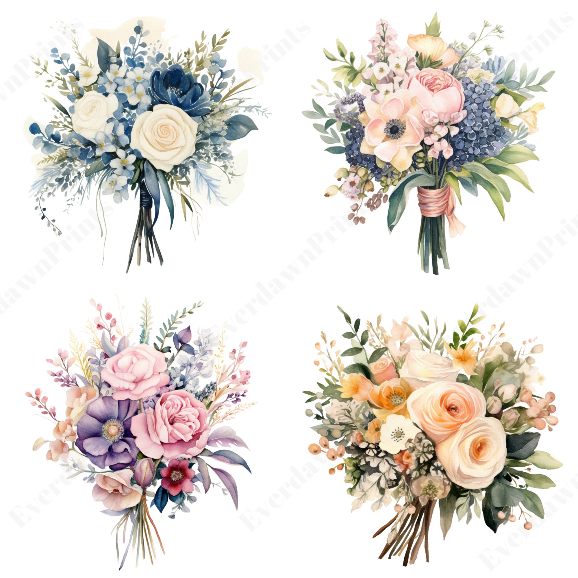 20 Romantic Wedding Bouquet Clipart, Floral Clipart, Watercolor Flowers ...