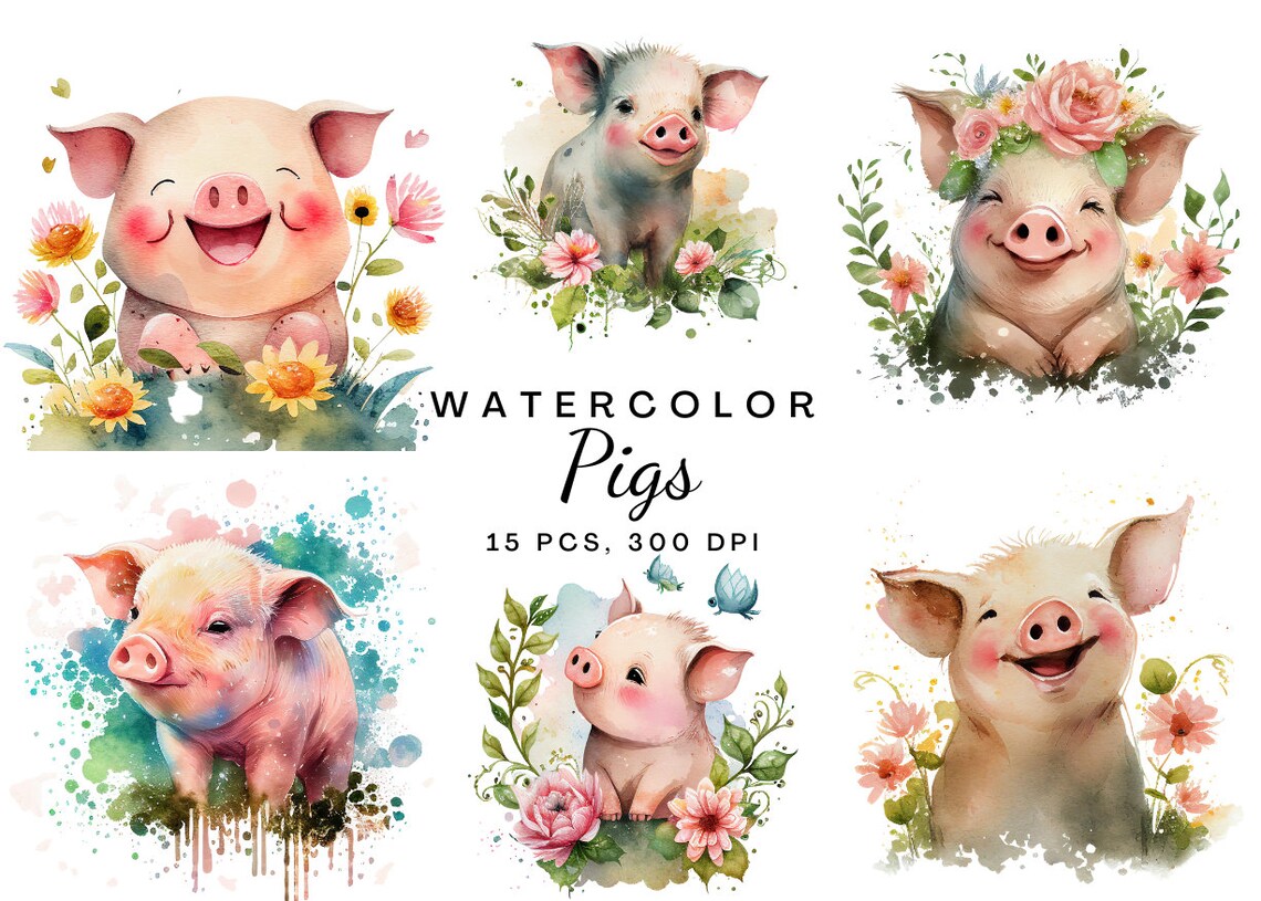 15 Cute Pig Clipart High Quality Transparent PNG Watercolor - Etsy