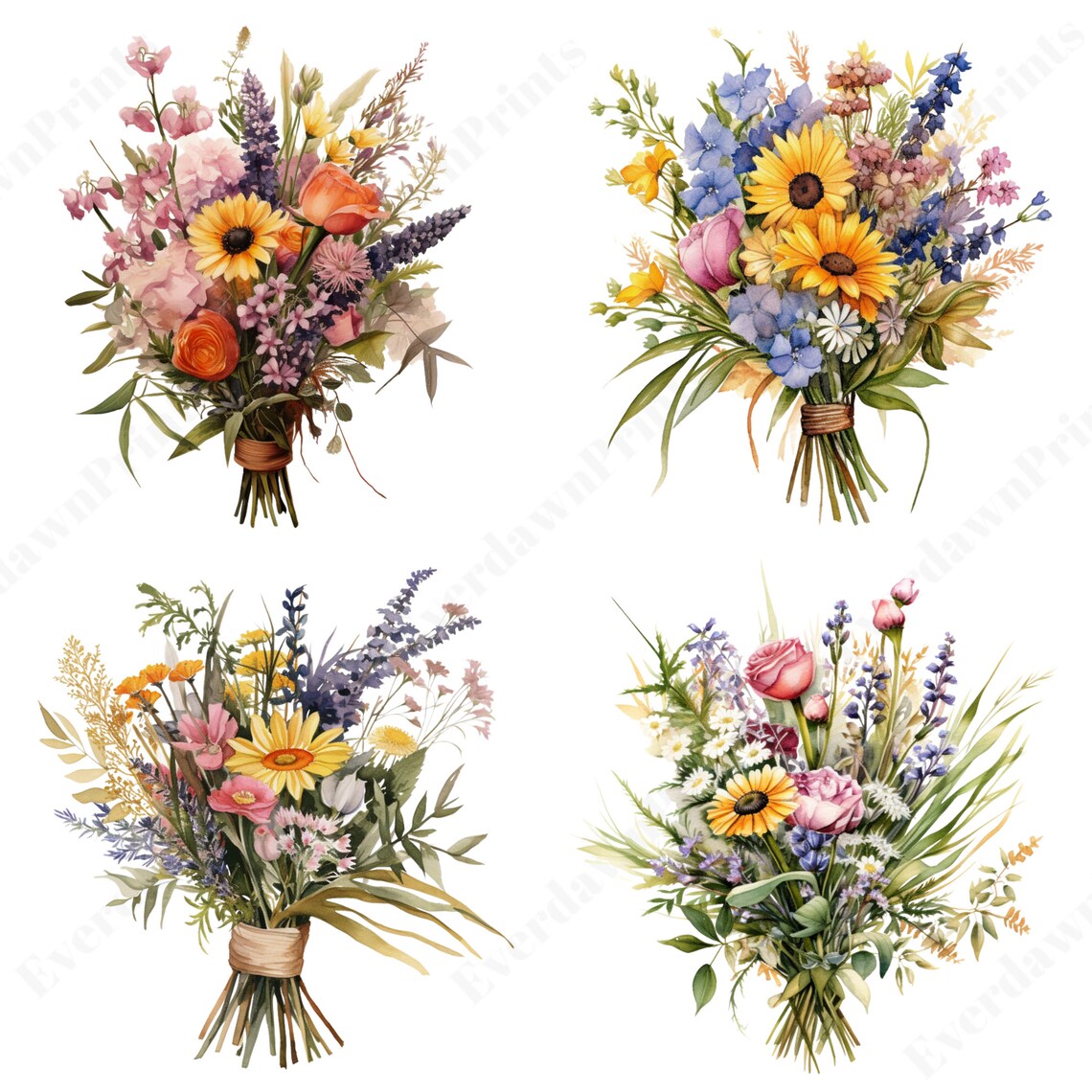 23 Rustic Flowers Bouquets Clipart, Wild Flowers Clipart, Dried Grass ...