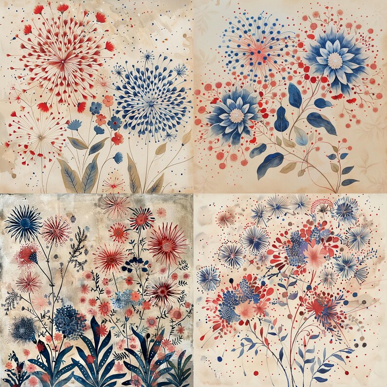 24 Red White Blue Floral Clipart, Patriotic Flowers Graphics ...