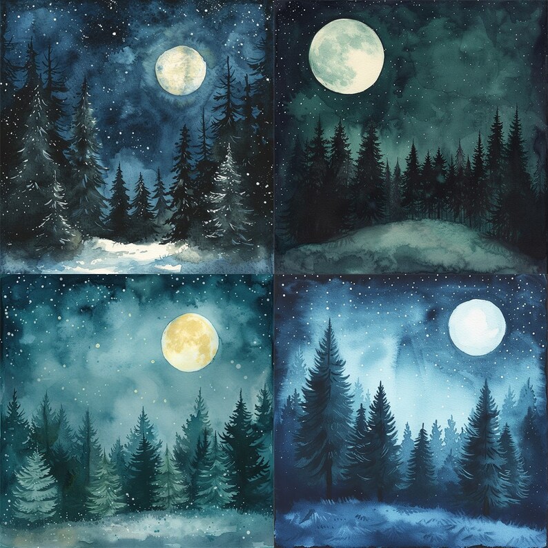 28 Moonlit Forest Night Scene Watercolor Clipart, Moonlight Clipart ...