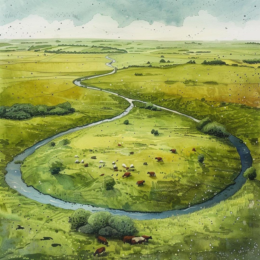 24 Green Pasture Landscape Clipart, Cow and Stream Watercolor ...