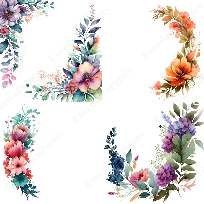 87 Watercolor Floral Borders Set 2, Wild Floral Clipart, High Quality ...