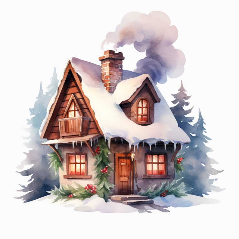 28 Watercolor Snowy Cottage Clipart, High Quality PNG, 300 Dpi, Cozy ...