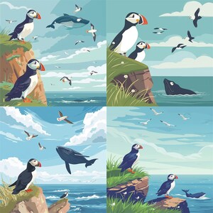 Puffin Birds Watercolor Clipart, Seaside Cliffs PNG (digital Download ...