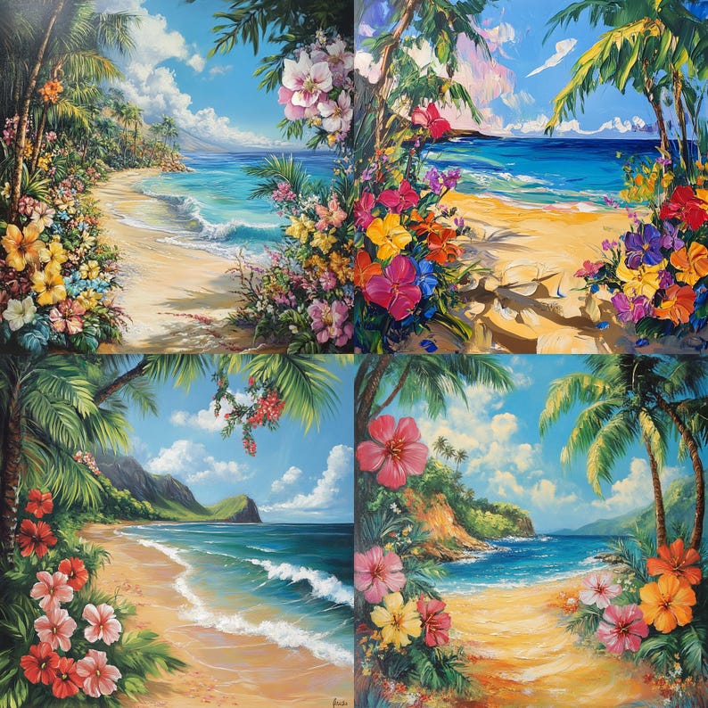 23 Tropical Beach Scene Digital Print, Beach Flowers Art, Coastal Wall ...