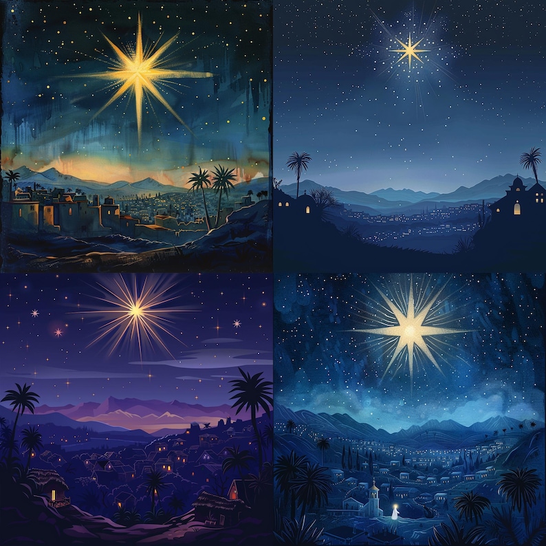 24 Starry Night Bethlehem Scene Clipart, Christmas Star Over City ...